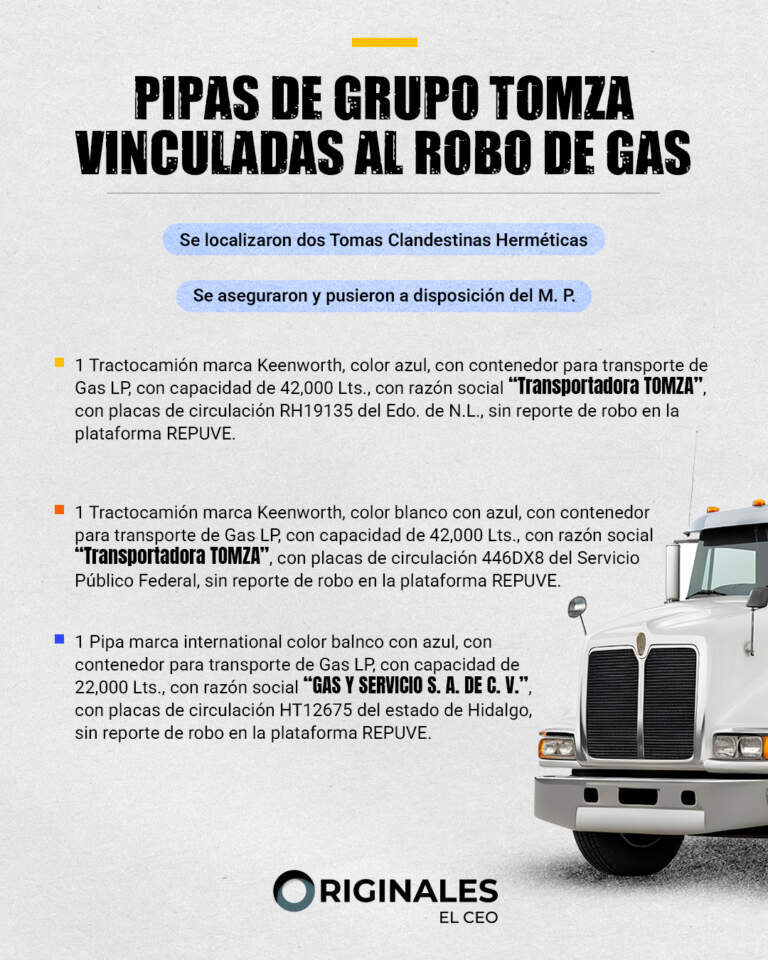 Defensa, GN y Pemex vinculan pipas de Grupo Tomza al robo de gas