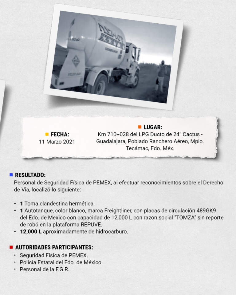 Defensa, GN y Pemex vinculan pipas de Grupo Tomza al robo de gas